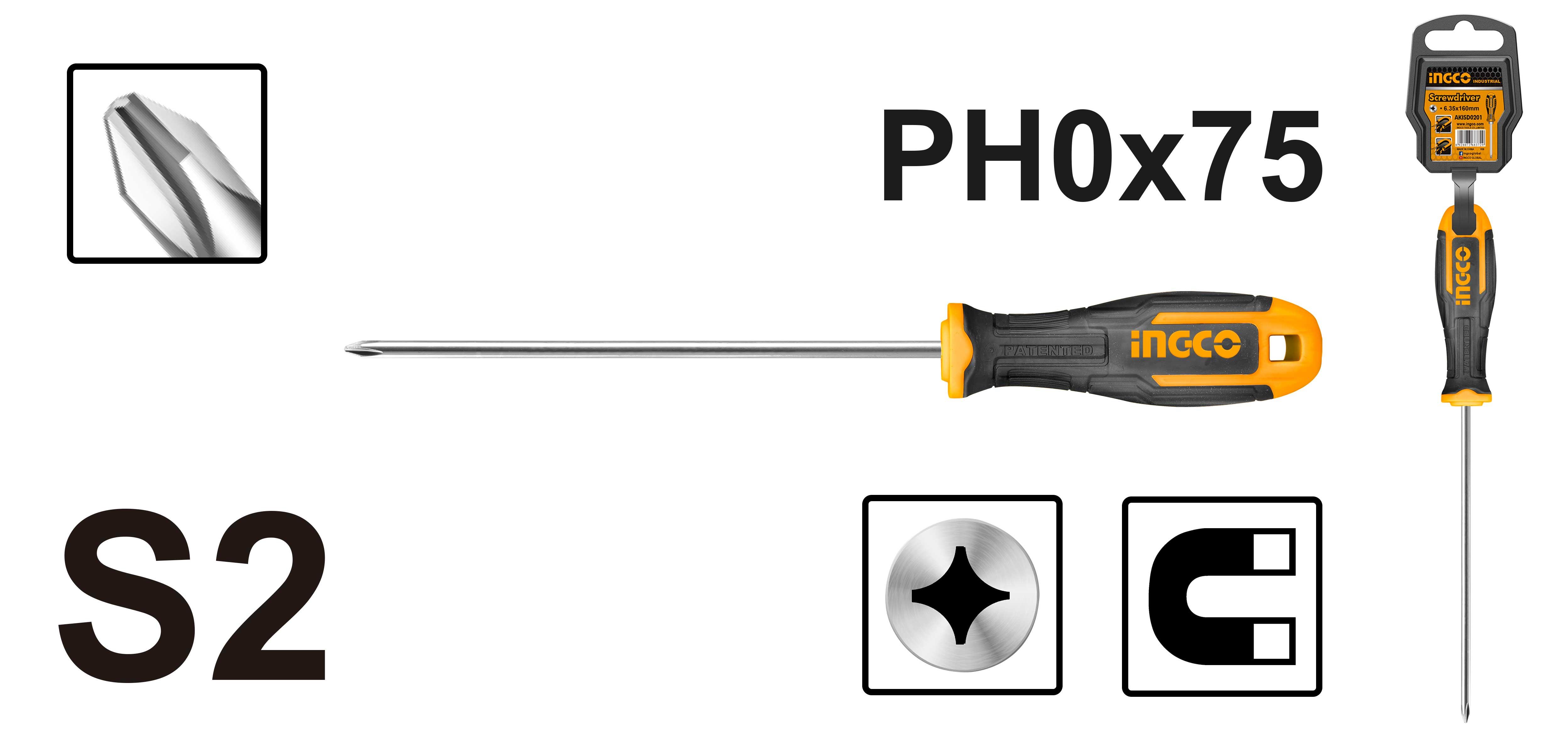 DESTORNILLADOR PHILLIPS S2,PH0 3 x75MM INGCO