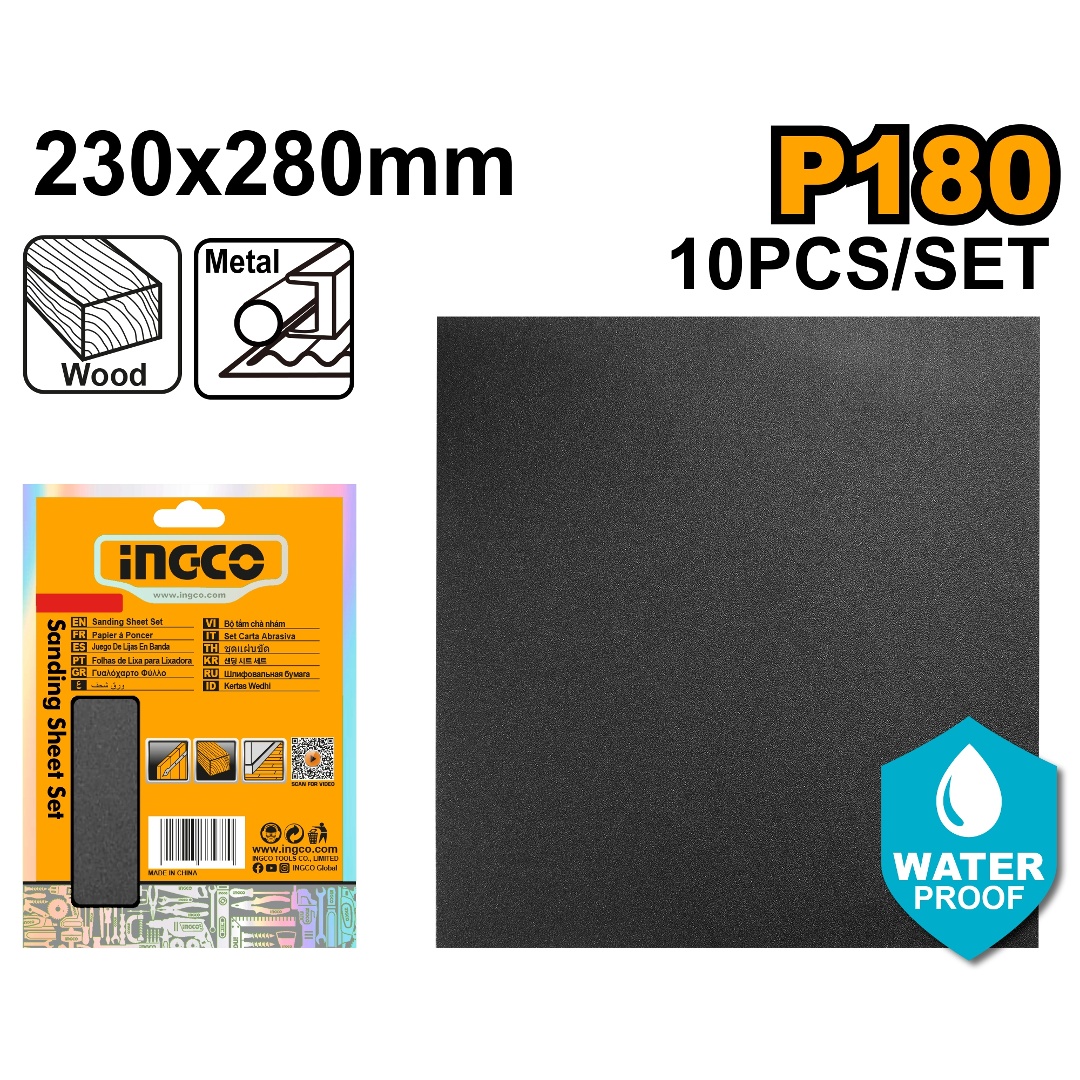 SET LIJA AL AGUA GRANO 180 X 10U INGCO AKHS11180 HERRAMIENTAS INSUMOS LIJAS