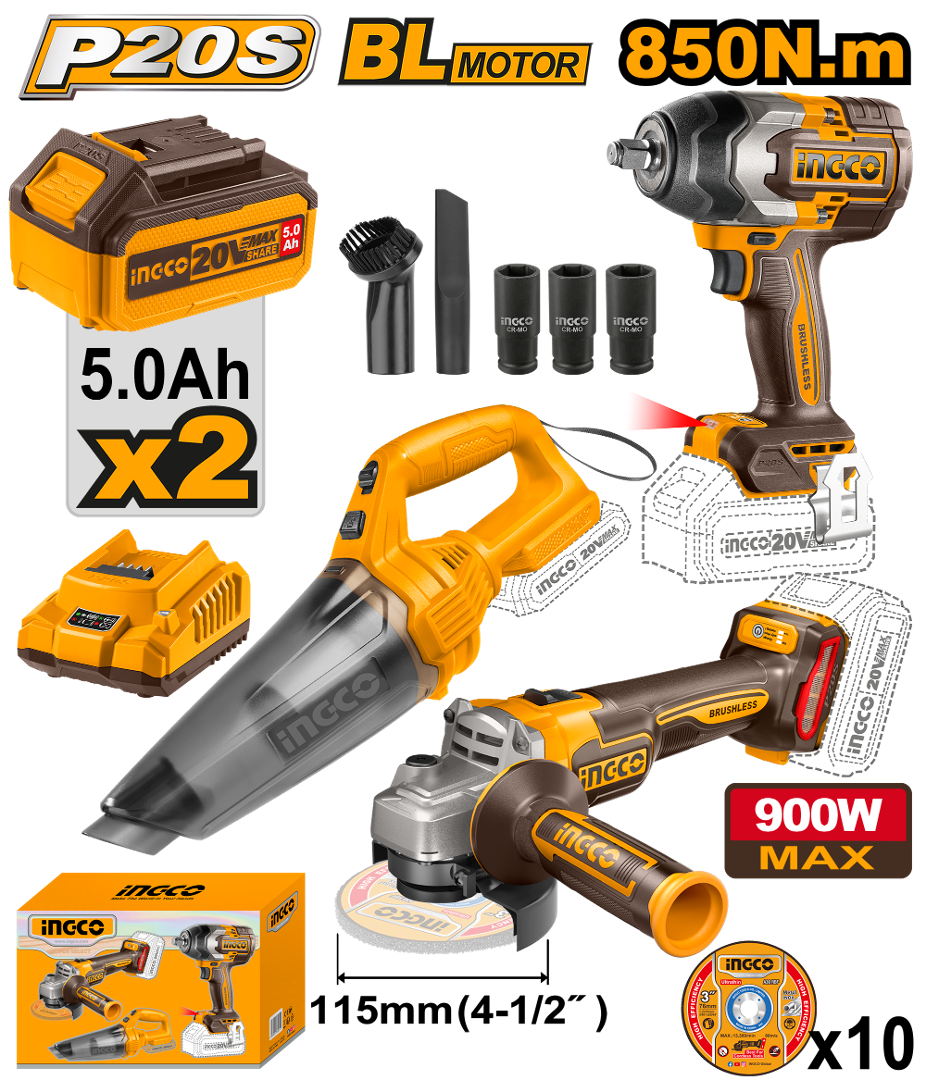 COMBO LLAVE DE IMPACTO A BATERIA 1/2" 850NM BRUSHLESS 20V P20S + AMOLADORA A BATERIA 4 1/2" BRUSHLES