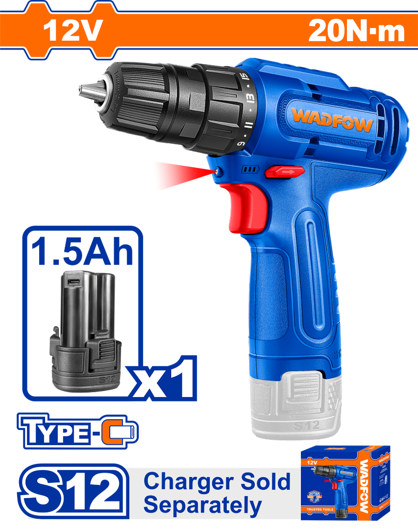 TALADRO ATORNILLADOR A BATERIA 12V 20NM + BAT 1.5AH WADFOW WCDS518