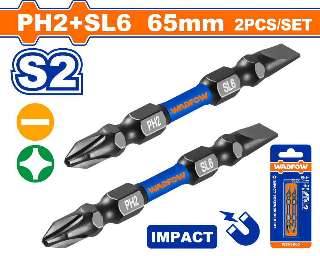 SET X2 PUNTAS IMPACTO PH2 + PLANA SL6 65MM ACERO S2 WADFOW WSV3K63