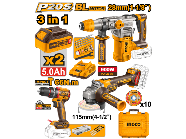KIT COMBO A BATERIA P20S 20V C/TALADRO ATORNILLADOR C/PERCUTOR + AMOLADORA + ROTOMARTILLO C/2 BATER